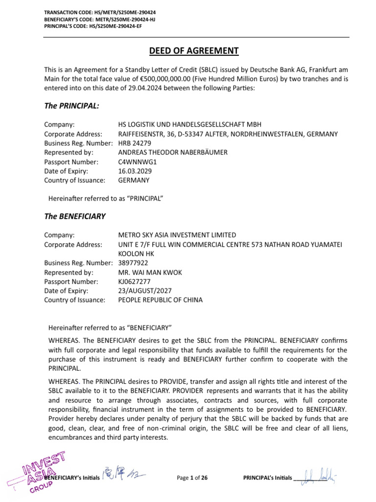 Deed of Agreement 500M 2904 - 045346 - 101304 | PDF | Letter Of Credit ...
