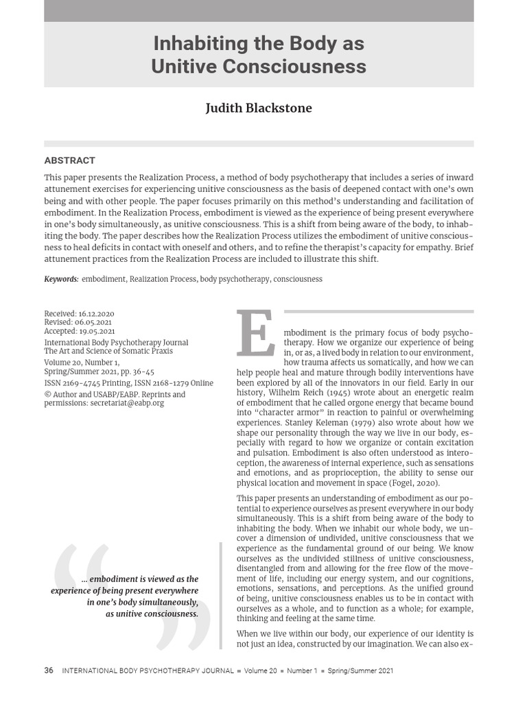 Unitive Consciousness in Therapy | PDF | Experience | Psychotherapy