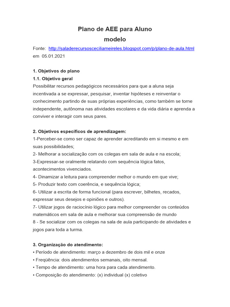 Plano de AEE para Aluno Modelo | PDF | Pedagogia | Aprendizado