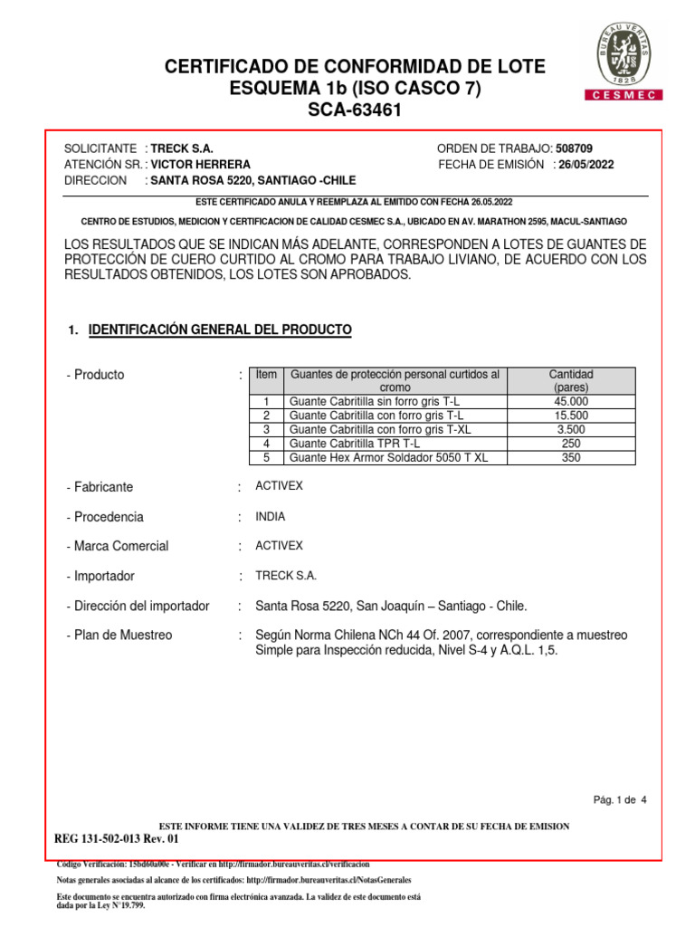 CERT. CESMEC GUANTE CABRITILLA | PDF