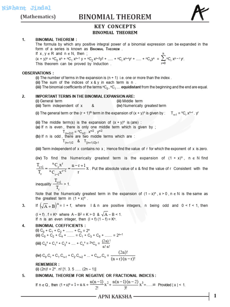 Sheet - 01 _ Binomial Theorem NJ_247 | PDF | Mathematical Logic | Algebra