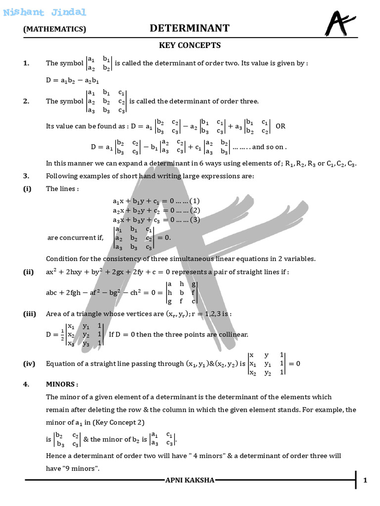 Sheet - 01 - Determinant NJ - 247 | PDF | Equations | Determinant