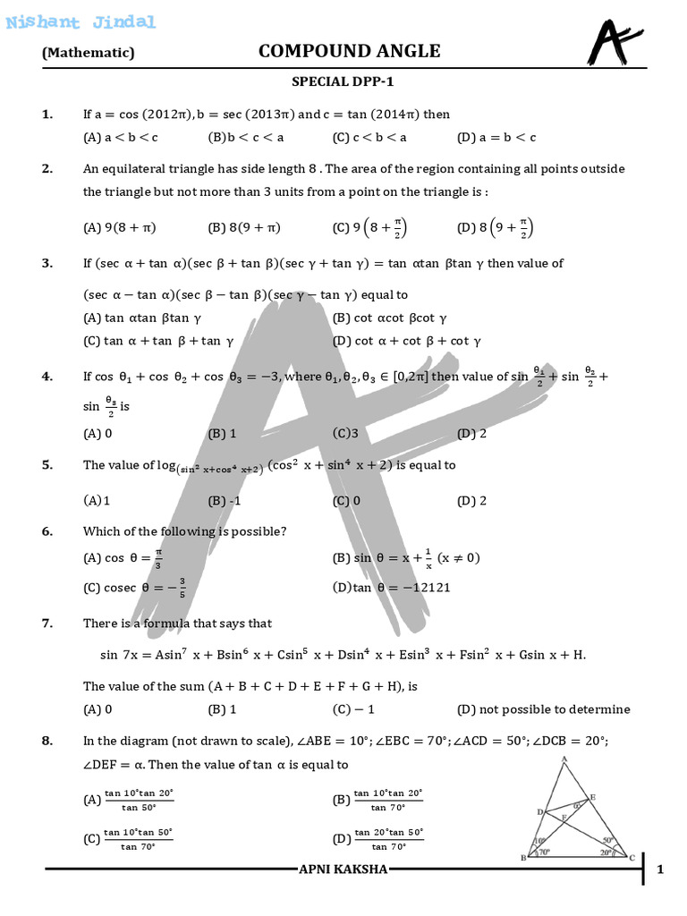 Sheet - 01 - Compound Angle NJ - 247 | PDF | Function (Mathematics) | Pi