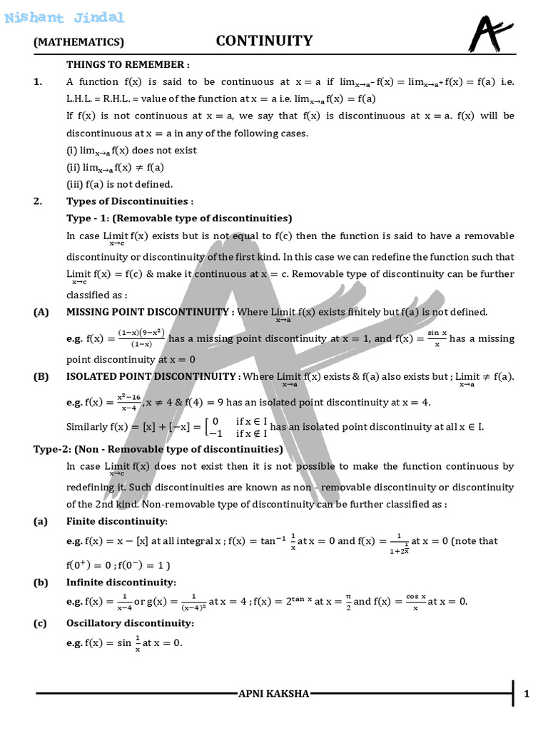 Sheet - 01 - Continuity NJ - 247 | PDF | Function (Mathematics ...