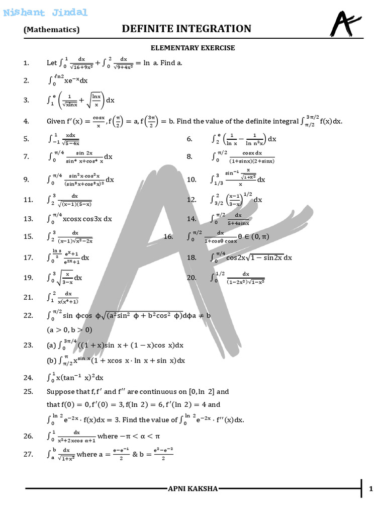 Sheet - 01 - Definite Integration NJ - 247 | PDF | Function (Mathematics) | Algebra