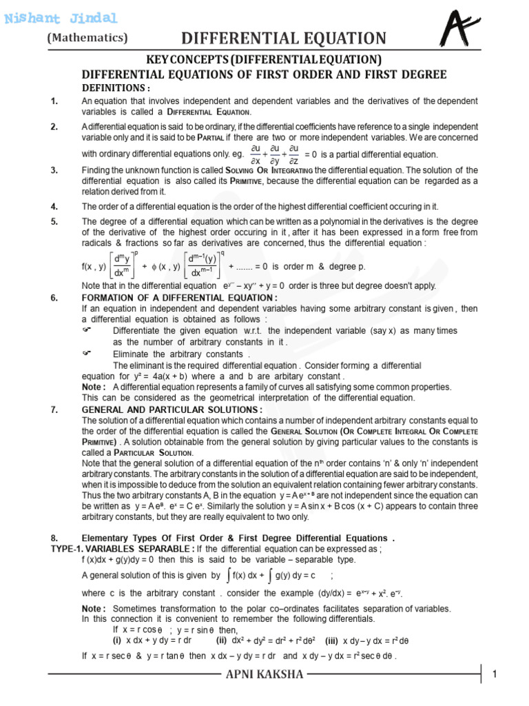 Sheet - 01 - Differential Equation NJ - 247 | PDF | Equations ...