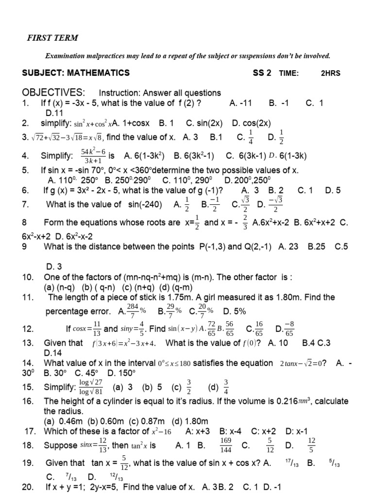 Ss 2 First Term Mathematics Examination-1 | PDF