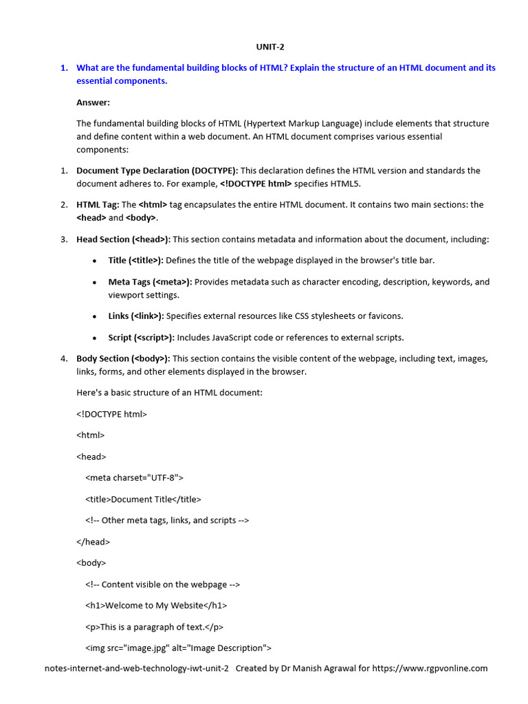 Notes Internet and Web Technology Iwt Unit 2 | PDF | Html | Html Element