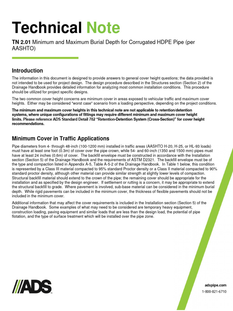 TN 2 01 Minimum Maximum Cover Heights For HDPE Per AASHTO | PDF | Pipe ...