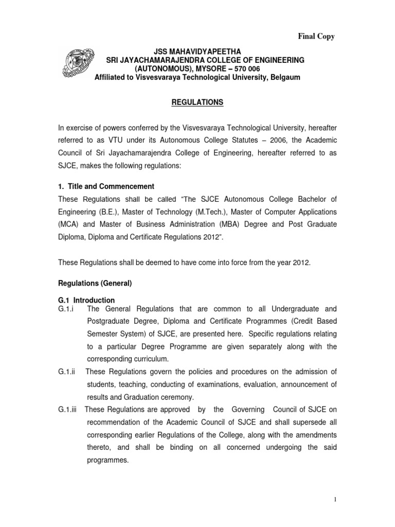 SJCE Autonomous College Regulations | PDF | Academic Degree