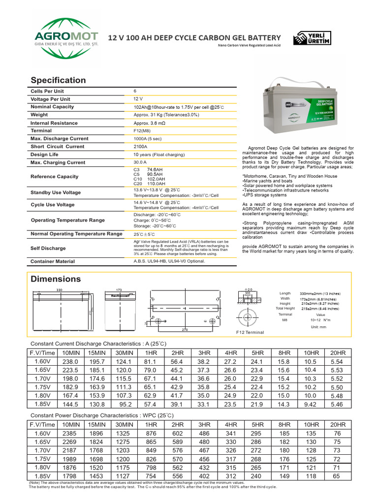 12V100AH Deep Cycle Battery Datasheet | PDF | Battery (Electricity) | Energy Storage