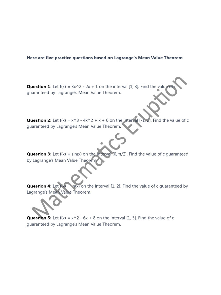 Lagrange's Mean Value Theorem Practice Questions | PDF