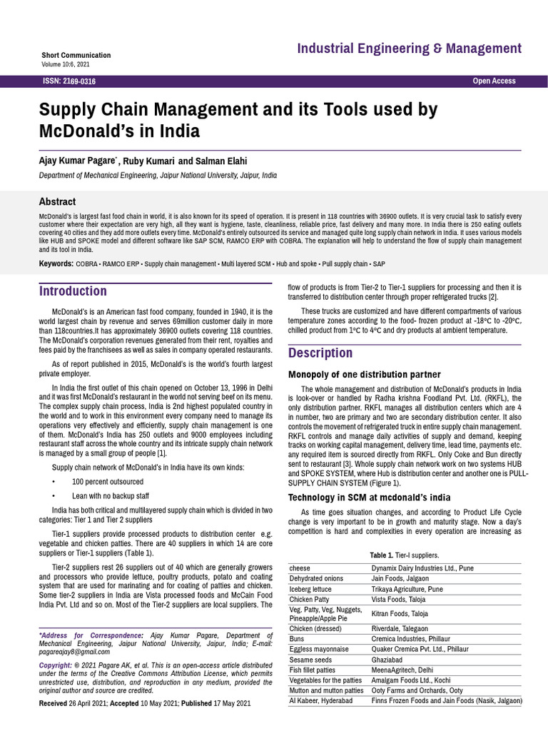 Supply Chain Management and Its Tools Used by Mcdonalds in India | PDF | Supply Chain Management ...