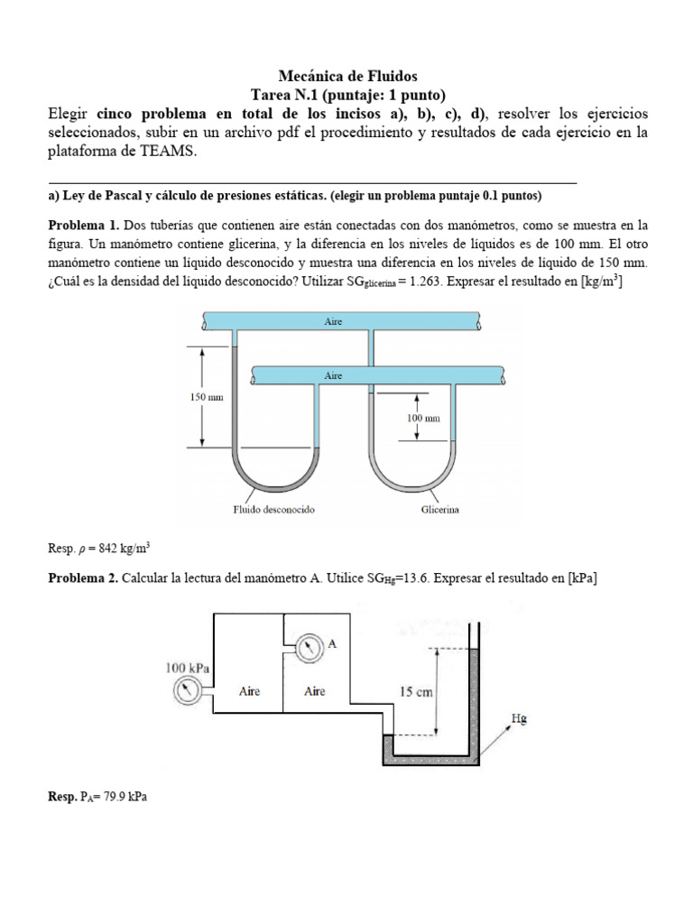 Tarea N1 Estatica de Fluidos - Mecatronica | Descargar gratis PDF | Pascal (Unidad) | Presión