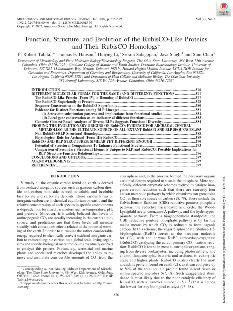 Tabita Et Al 2007 Function Structure and Evolution of The Rubisco Like Proteins and Their ...