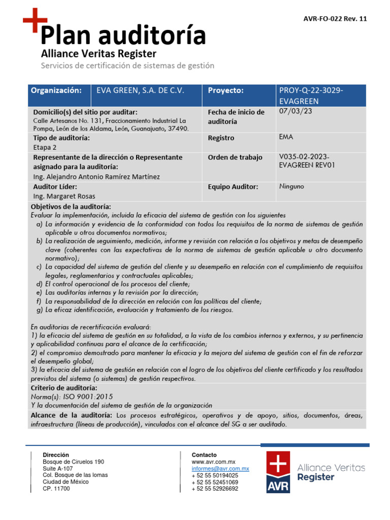 AVR-FO-022 Plan de Auditoría Rev 11 - EVAGREEN | PDF | Auditoría | Contralor