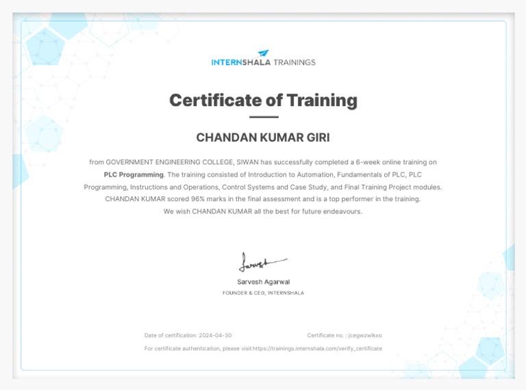 PLC Programming Training - Certificate of Completion | PDF
