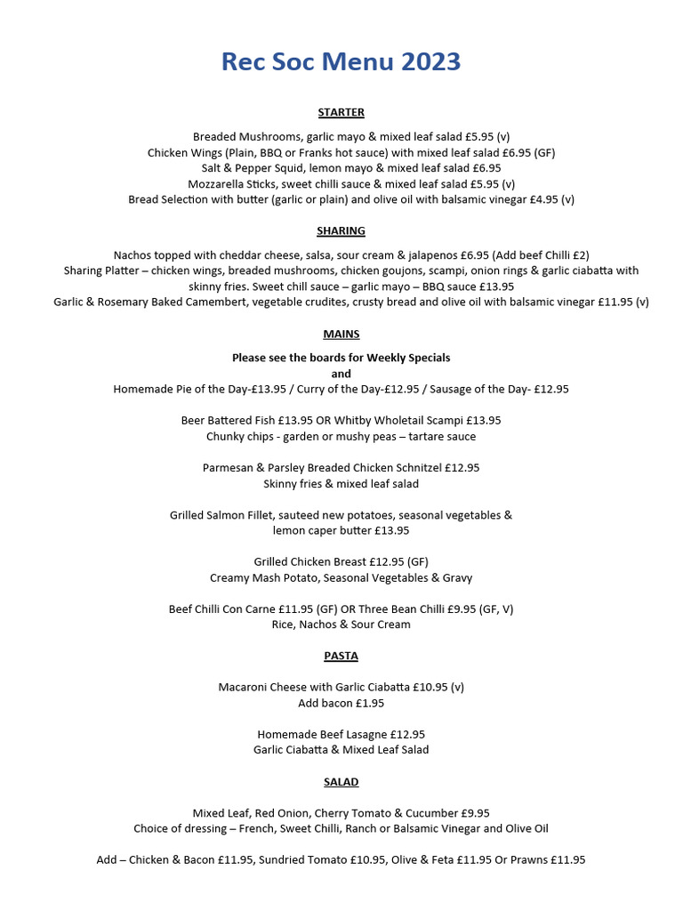 Rec Soc Menu From 2023 | PDF | Hamburgers | French Fries