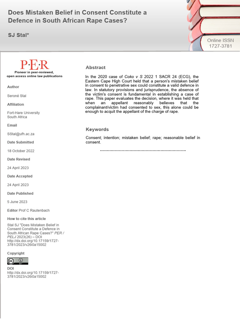 Stal, SJ - Does Mistaken Belief in Consent Constitute A Defence in South African Rape Case (2023 ...