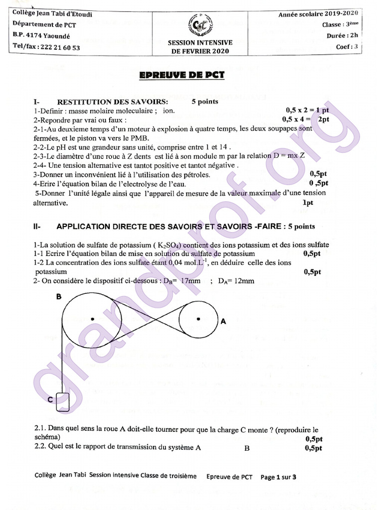 PCT 3eme BEPC Blanc College Jean Tabi Fevrier 2020 | PDF