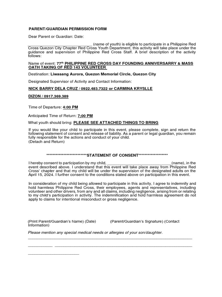 Red Cross Youth Event Permission Form | PDF | Social Science