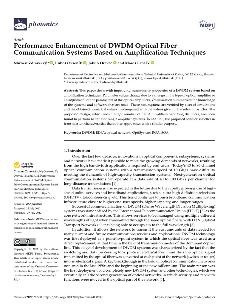 Performance Enhancement of DWDM Optical Fiber | PDF | Wavelength Division Multiplexing ...
