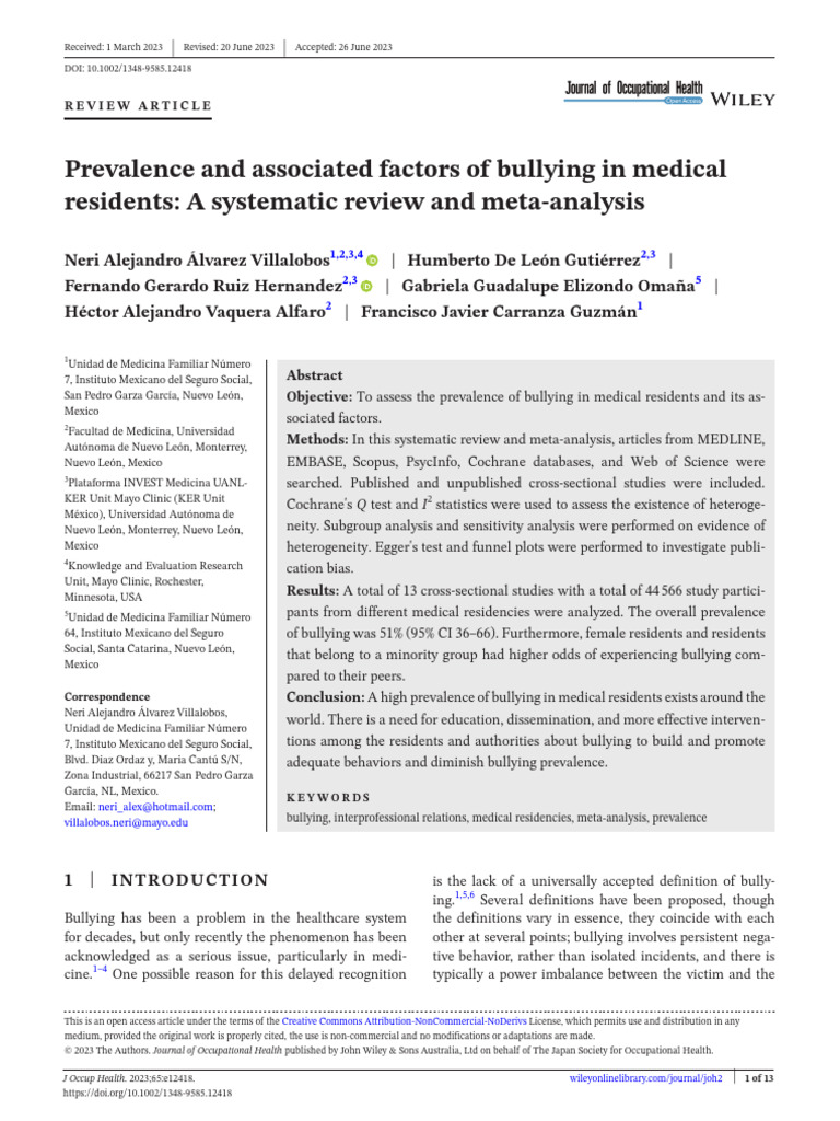 Prevalence and Associated Factors of Bullying Among Medical Residents A Systematic Review and ...