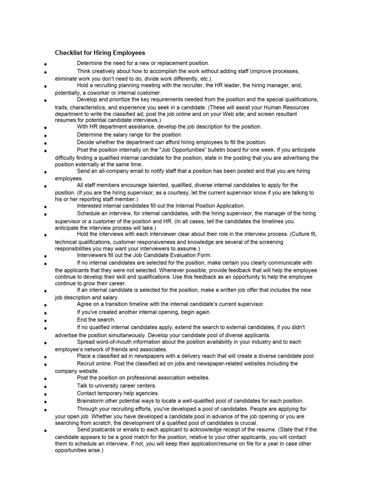 Checklist For Hiring Employees | PDF | Recruitment | Business