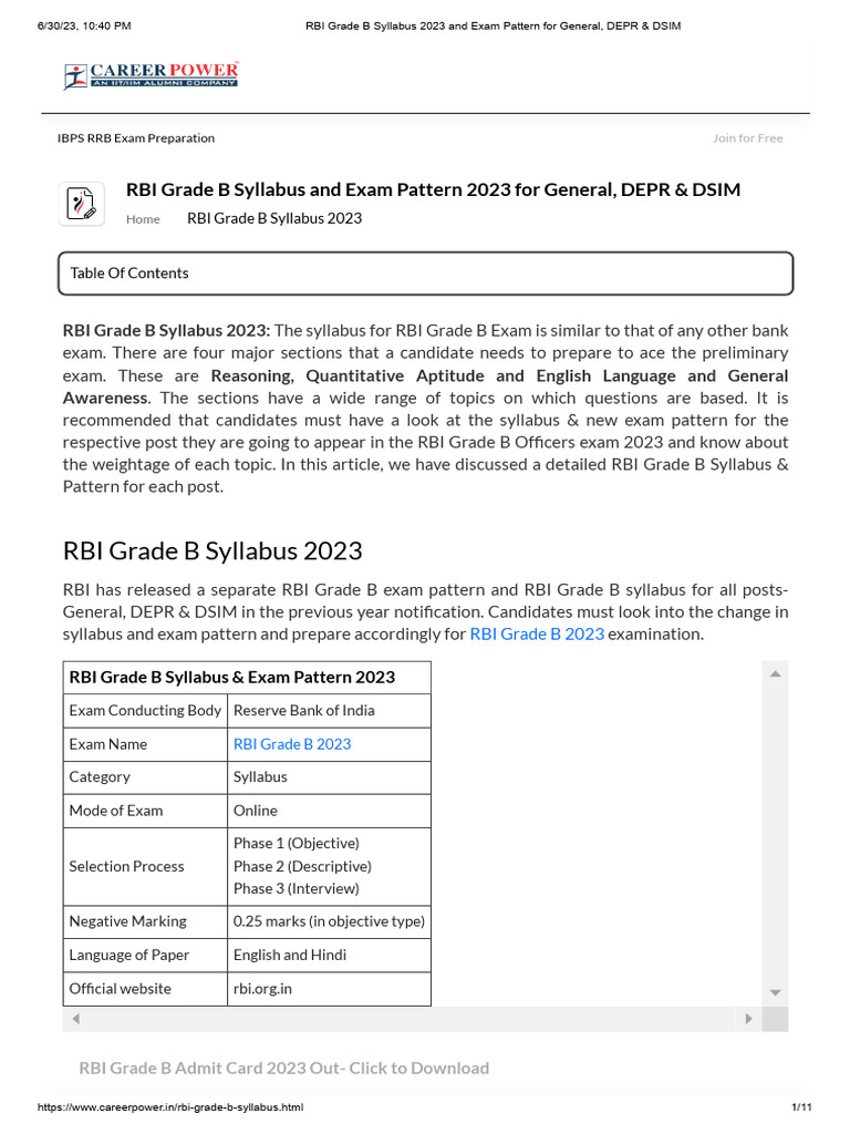 RBI Grade B Syllabus 2023 and Exam Pattern For General, DEPR & DSIM ...