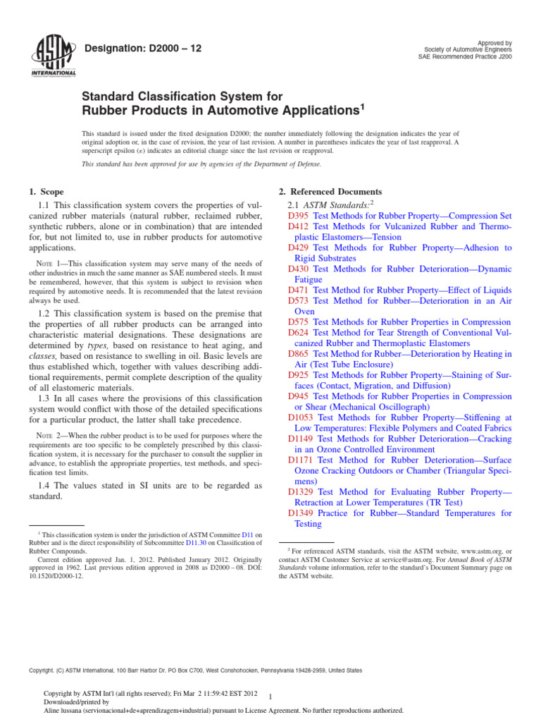 Astm D2000 - 01.01.2012 | PDF | Ultimate Tensile Strength | Natural Rubber