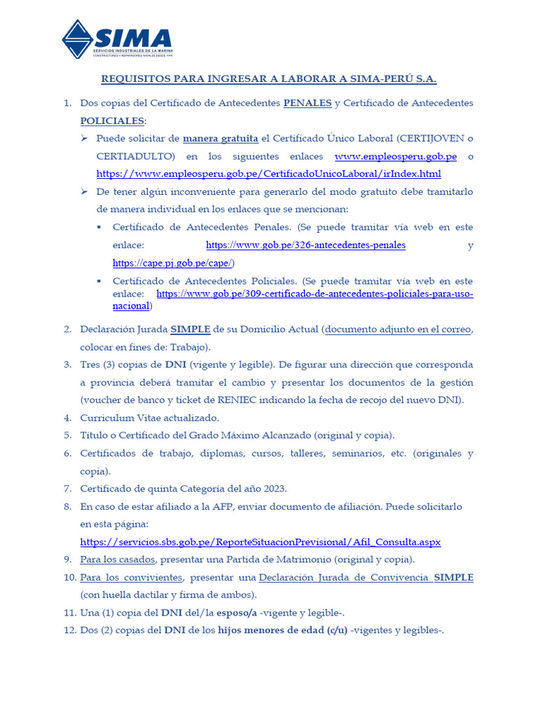 Requisitos para Ingresar A Laborar A Sima-Perú S.A. | PDF | Documento de identidad