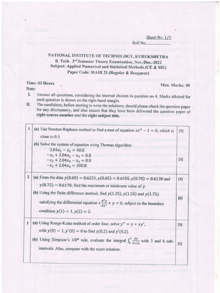 B.Tech Exam: Numerical Methods | PDF | Equations | Statistical Theory
