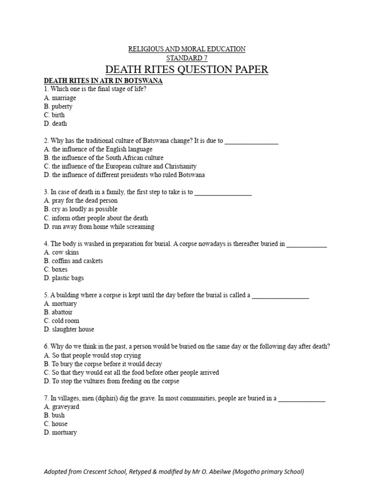 DEATH RITES QUESTION PAPER | PDF | Cremation | Burial