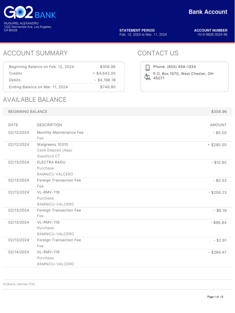 GO2bank Statement March 11 2024 | PDF | Banks | Cash
