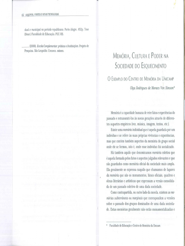 Memória, Cultura e Poder Na Sociedade Do Esquecimento - Olga Rodrigues de Morais | PDF