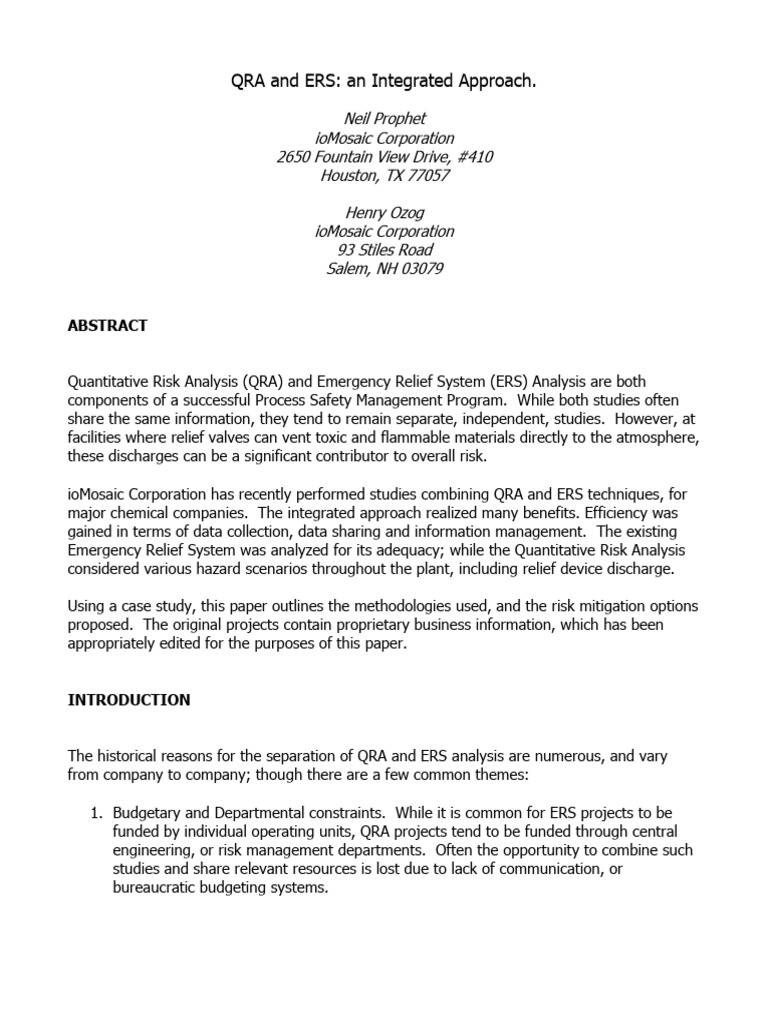 Qra and Ers An Integrated Approach 2014 | PDF | Risk | Heat Exchanger