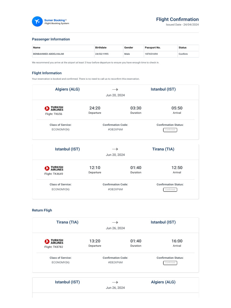 Flight Confirmation - Benbahmed Abdelhalim | PDF | Airlines | Aviation