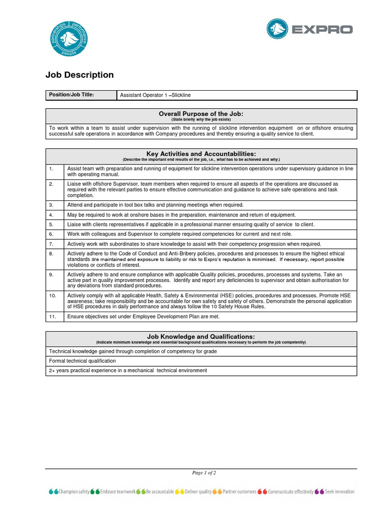 Assistant Operator 1 - Slickline | PDF | Regulatory Compliance | Knowledge