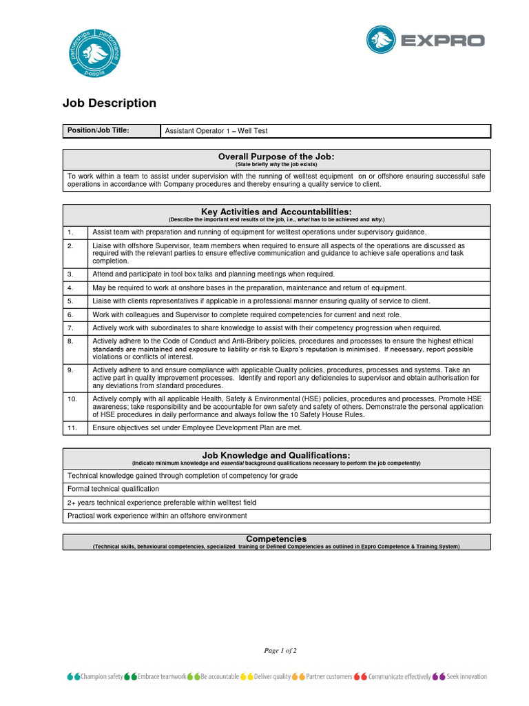 Assistant Operator 1 Job Overview | PDF | Knowledge | Regulatory Compliance