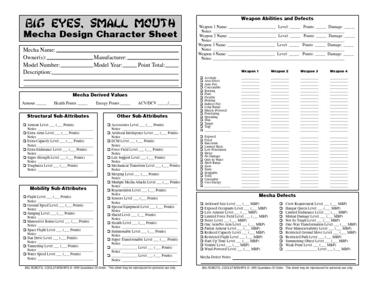 BESM - Mecha Design Character Sheet | PDF