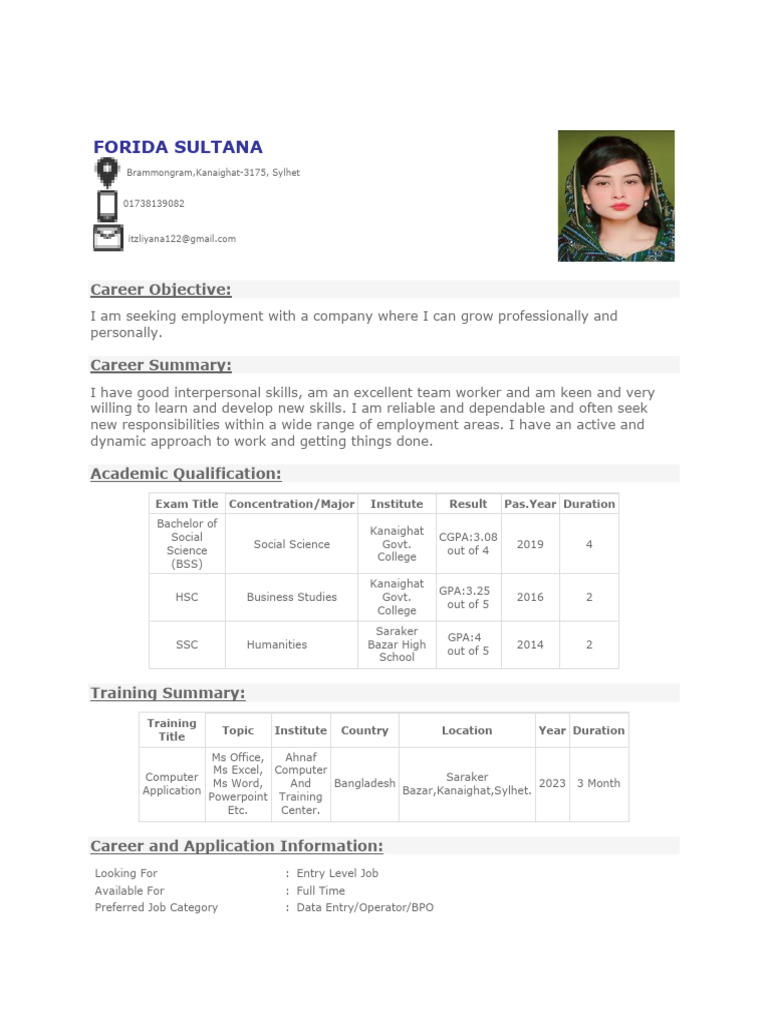 Forida Sultana CV | PDF