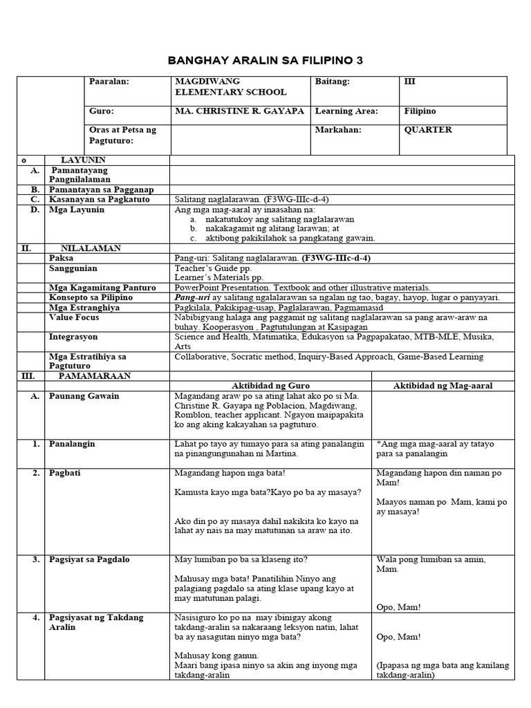 Banghay Aralin Sa Filipino 3 | PDF