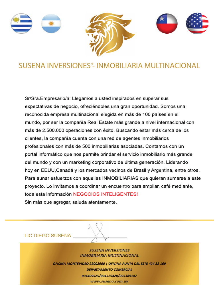 Carta de Presentacion Susena Inversiones Diego Susena 2023 | PDF