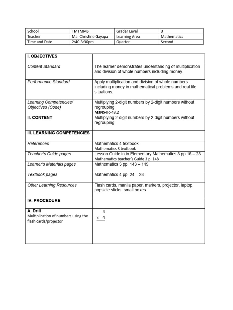 LP Grade 3 Multiplying 2-Digit Numbers by 2-Digit Numbers Without ...