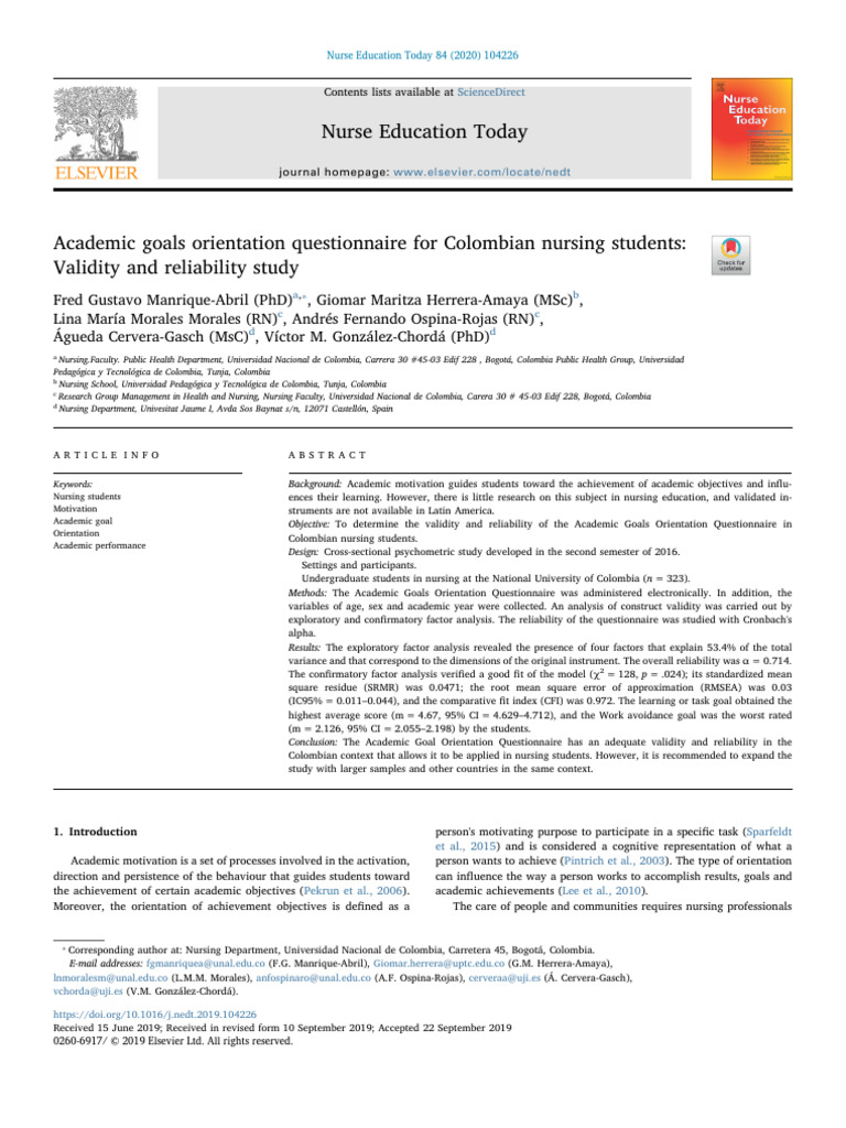 Academic Goals Orientation Questionnaire For Colombian | PDF | Factor ...