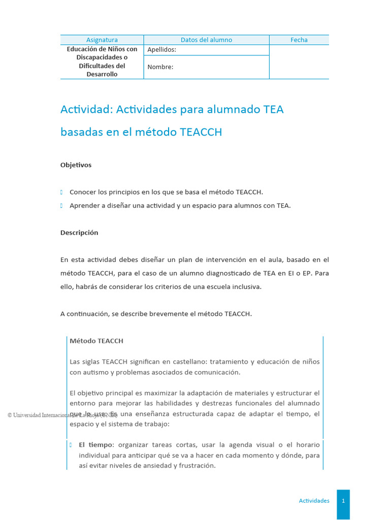 Actividad Teacch | PDF | Espectro autista | Aprendizaje