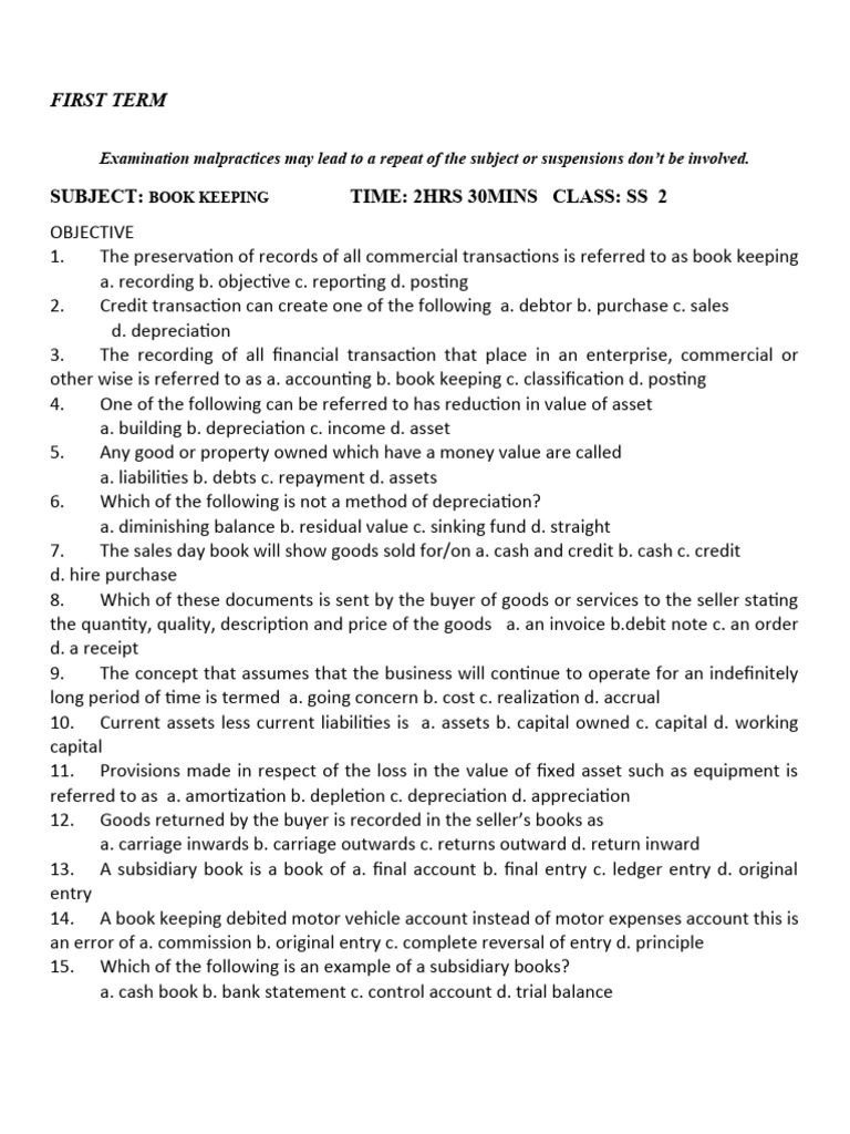 Ss 1 First Term Book Keeping Examination-1 | PDF | Debits And Credits ...