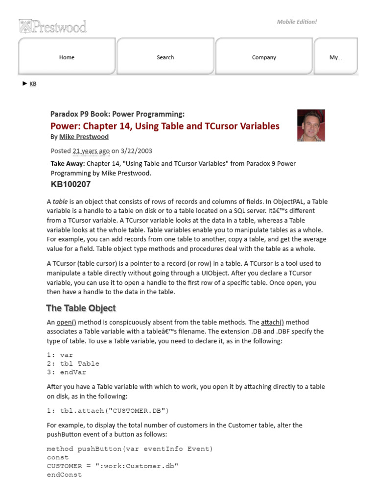 Power - Chapter 14, Using Table and TCursor Variables (Corel Paradox ...