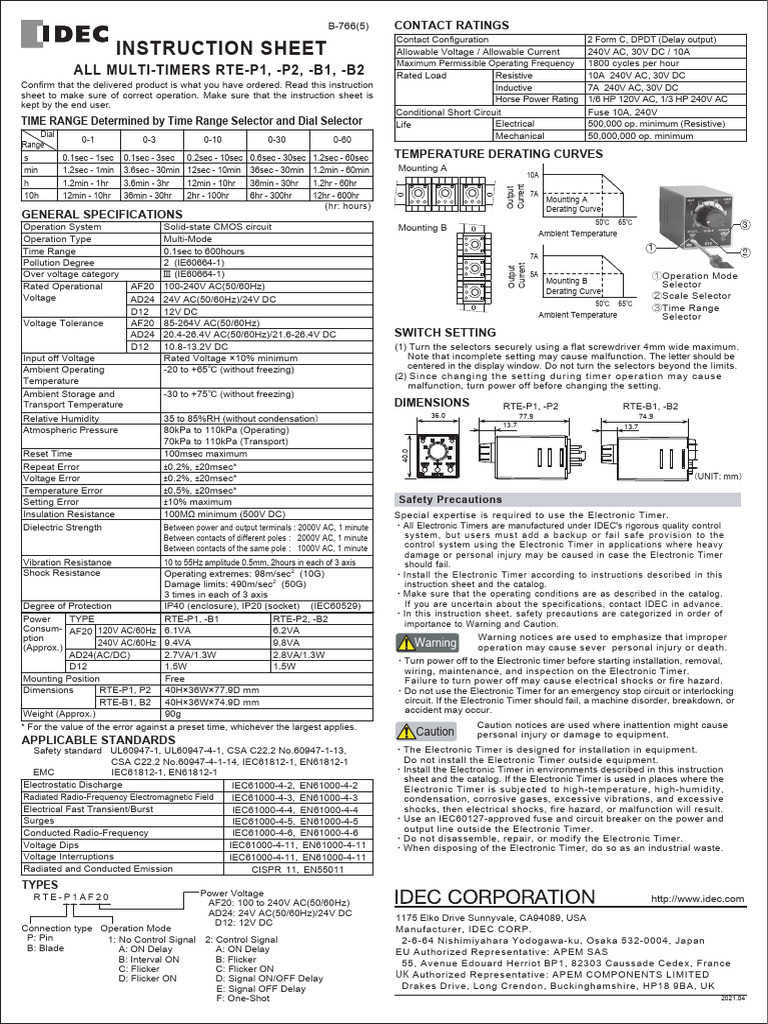 IDEC Relays and Timers RTE Instruction Sheet | PDF | Alternating ...