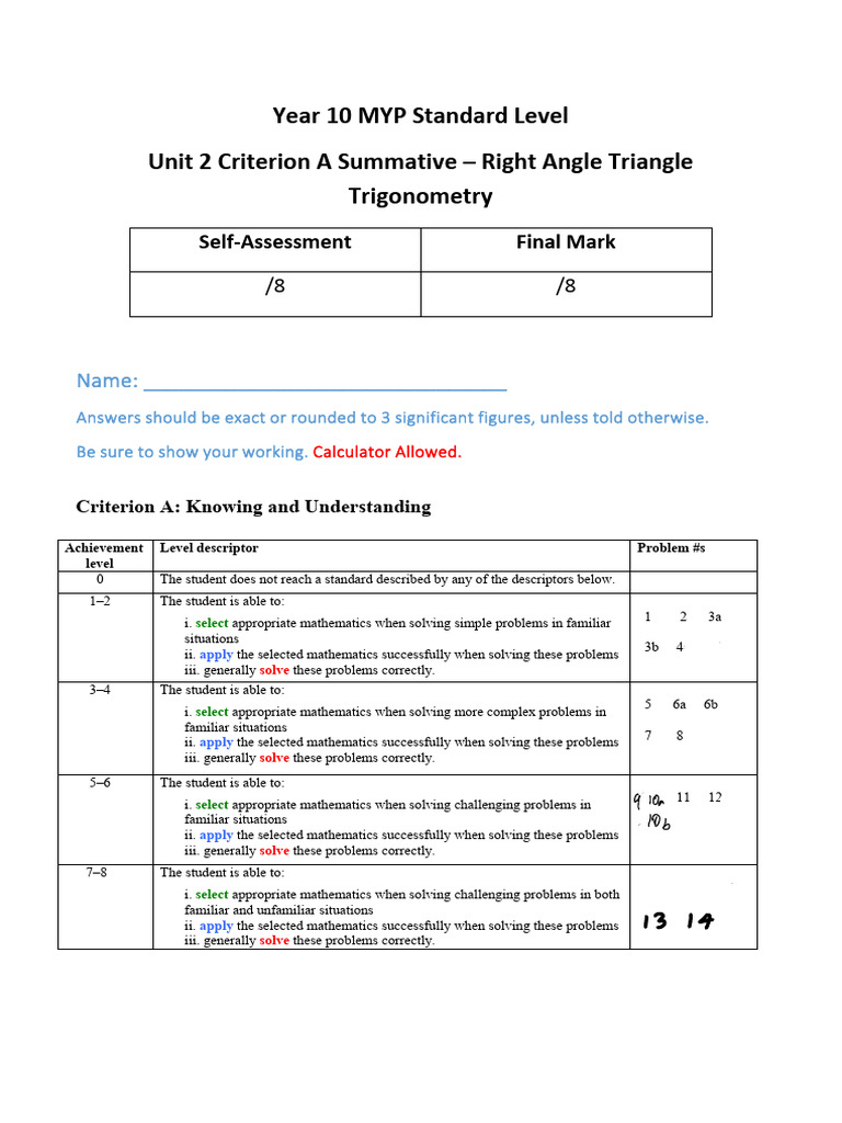 Summative Crit a - Unit 2 - Right Angle Trigonometry 2024 Answer Keys (1) | PDF | Triangle ...